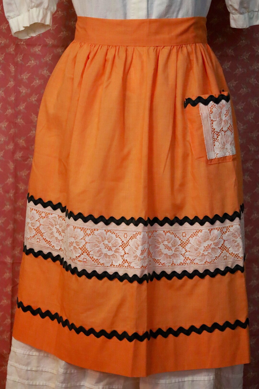 Vintage Orange With Black Ric-rac and Floral Lace Apron - Etsy