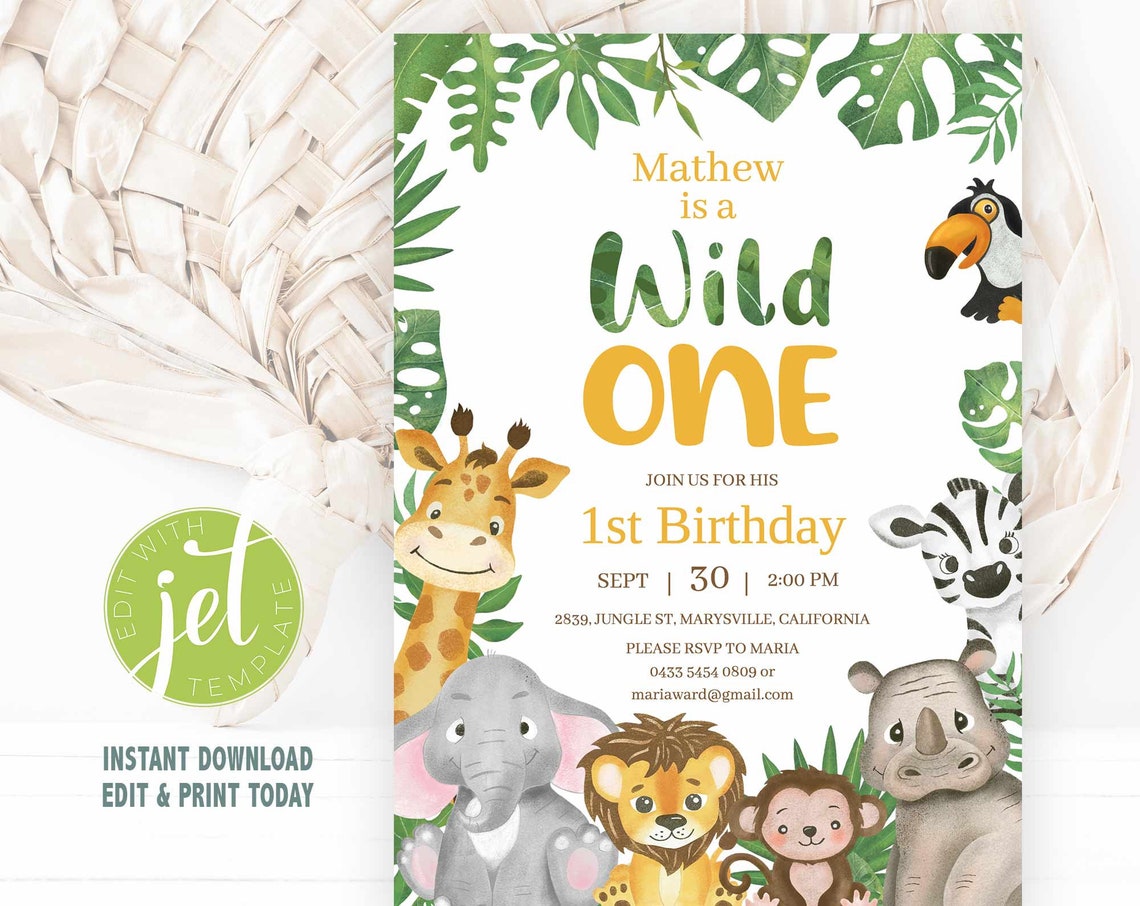 Editable Wild One Safari Invitation, 1st First Birthday Greenery Baby ...