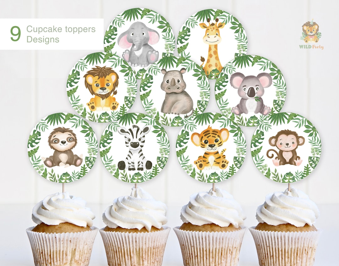 Safari Wild One Cupcake Toppers, Jungle 2'' Round Favor Tags Stickers ...