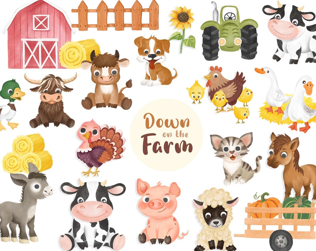 Cute Farm Animals Clipart Set, Farmyard Digital Illustrations, Baby Cow ...