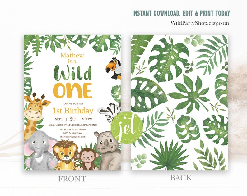 Editable Wild One Safari Invitation, 1st First Birthday Greenery Baby ...