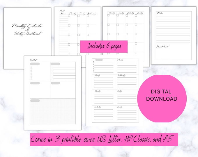 Dashboard Layout Planner Insert, Undated, Monthly Calendar, Minimal ...