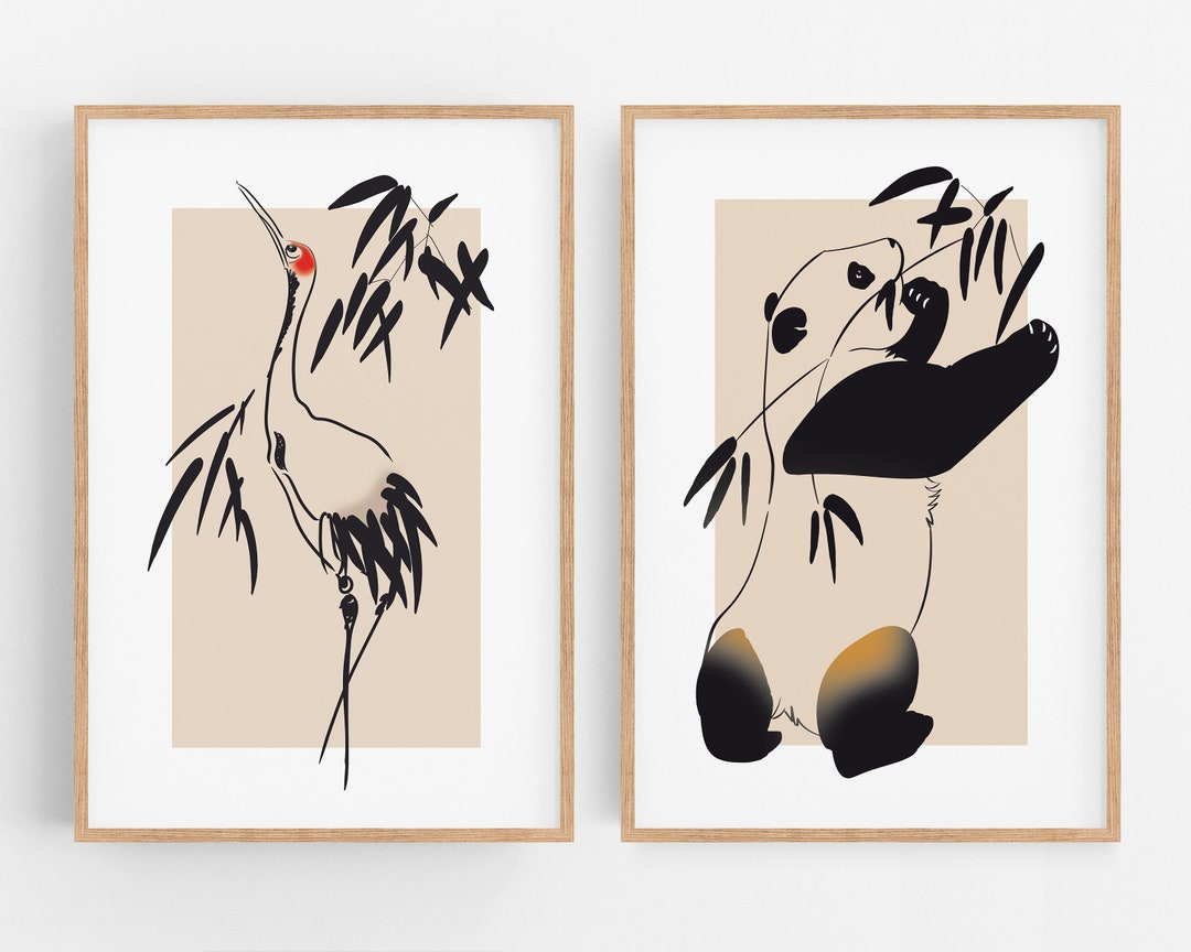 Japanese CRANE Bird of Luck PANDA Calligraphy Set of 2 - Etsy