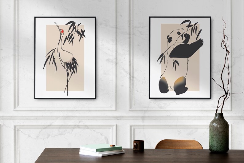 Japanese CRANE Bird of Luck PANDA Calligraphy Set of 2 - Etsy
