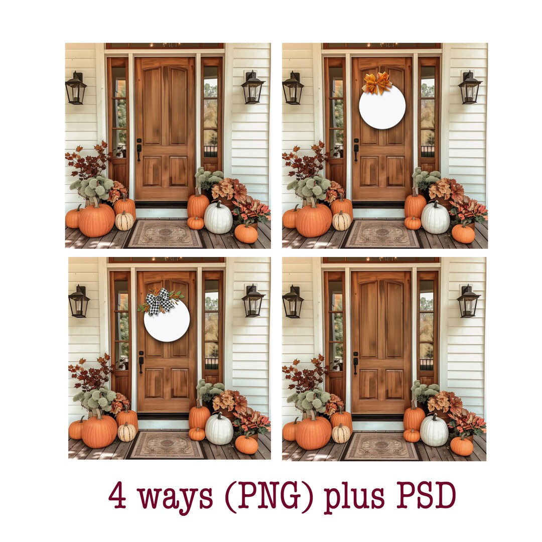 Wooden Door Halloween Fall Door Hanger Mock up With Ribbons, Pumpkins ...