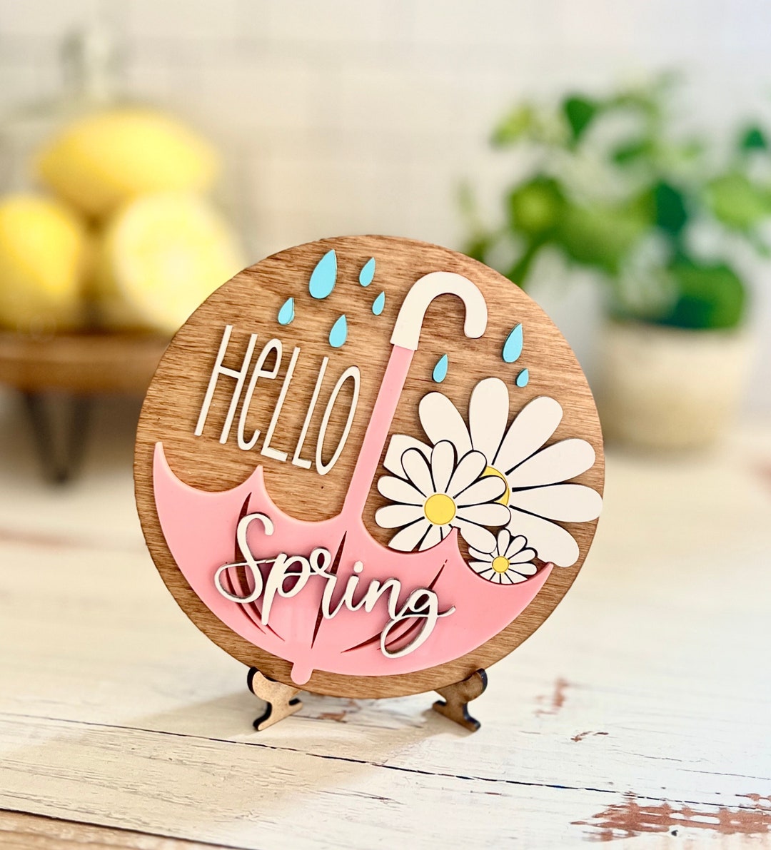 Round Sign Door Hanger Hello Spring With Dasies And Umbrella Svg Cut