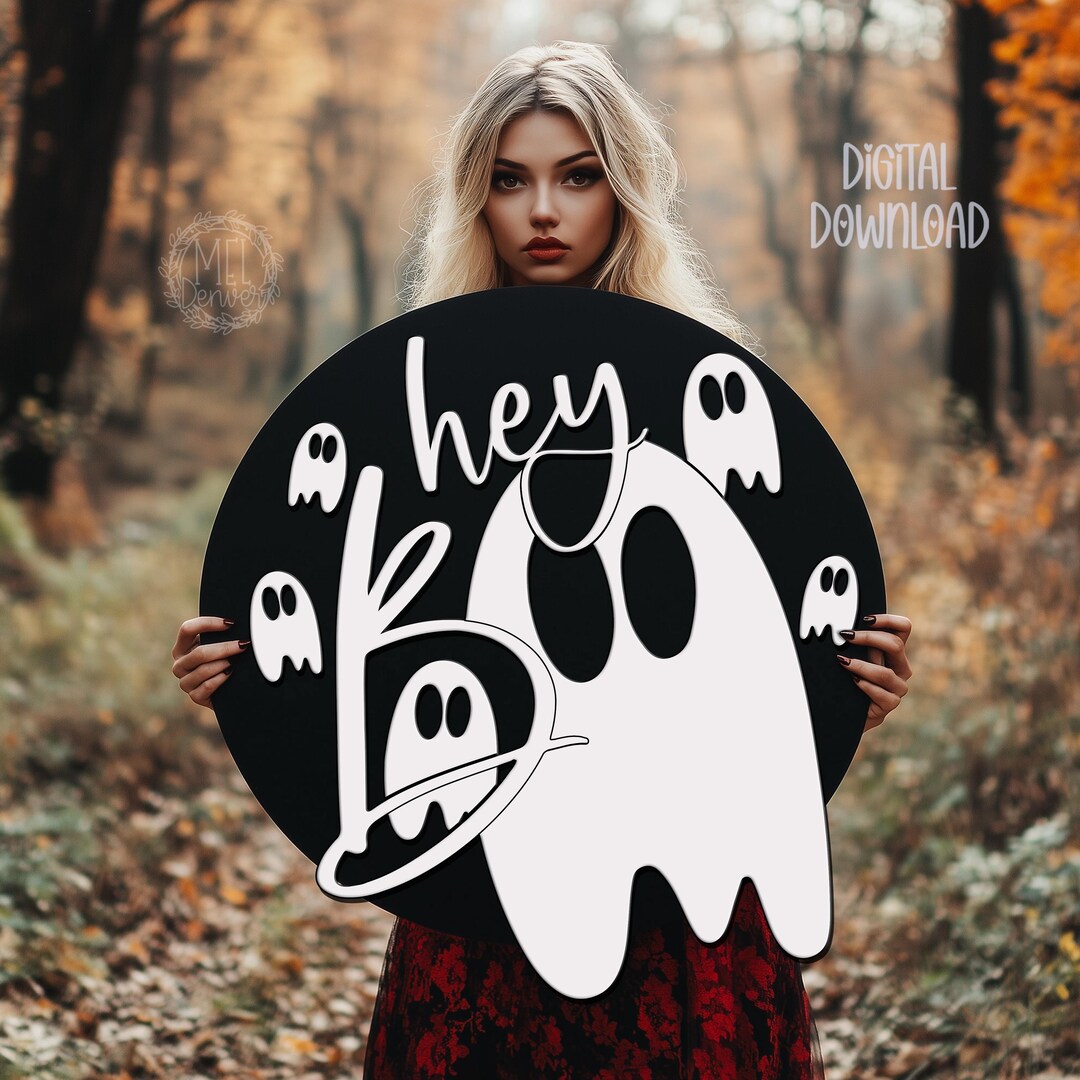 Hey Boo Halloween Sign SVG: Laser Cut File, Door Hanger (digital ...