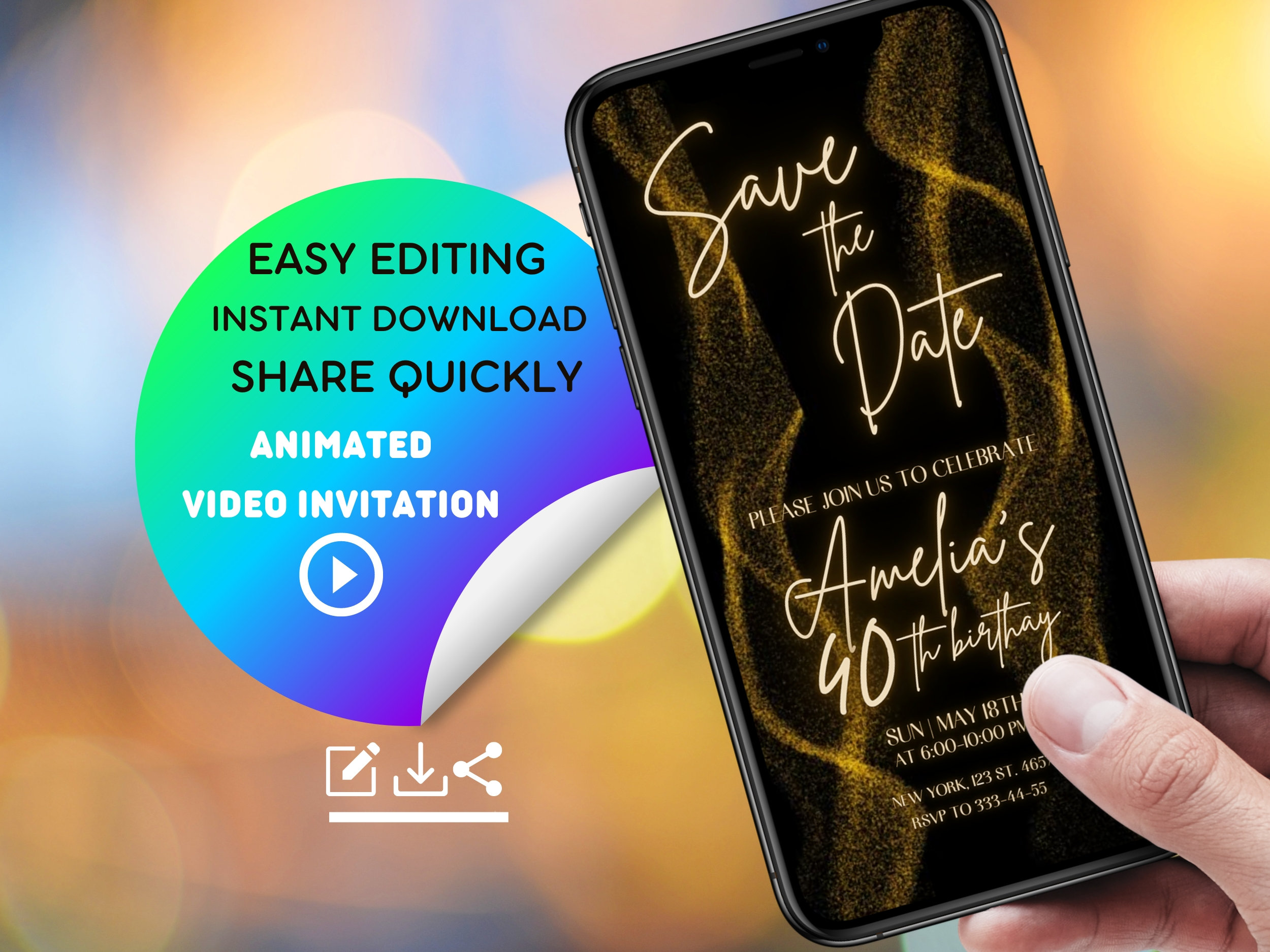 Digital Glitter Gold Dust Theme Save the Date Invitation Whatsapp ...