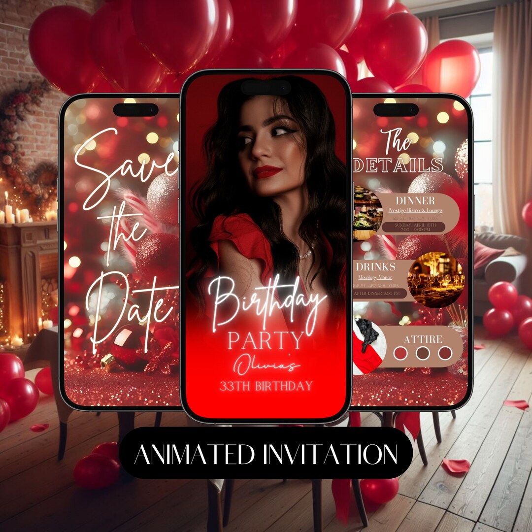 Red Glitter Electronic Birthday Invitation for Her - Digital Smartphone ...