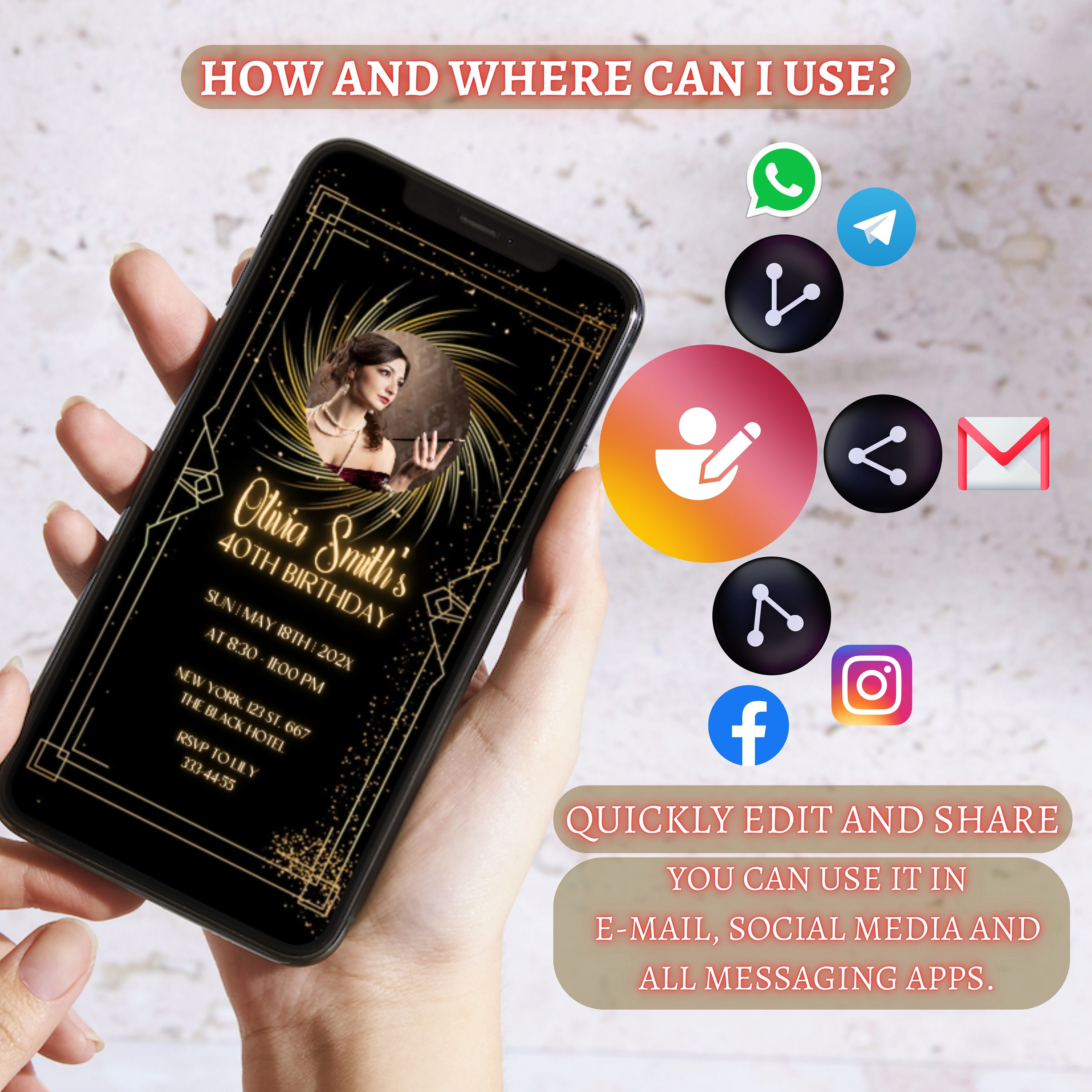 Great Gatsby Themed Birthday Invitation Elegant Gold Retro Style Mobile ...