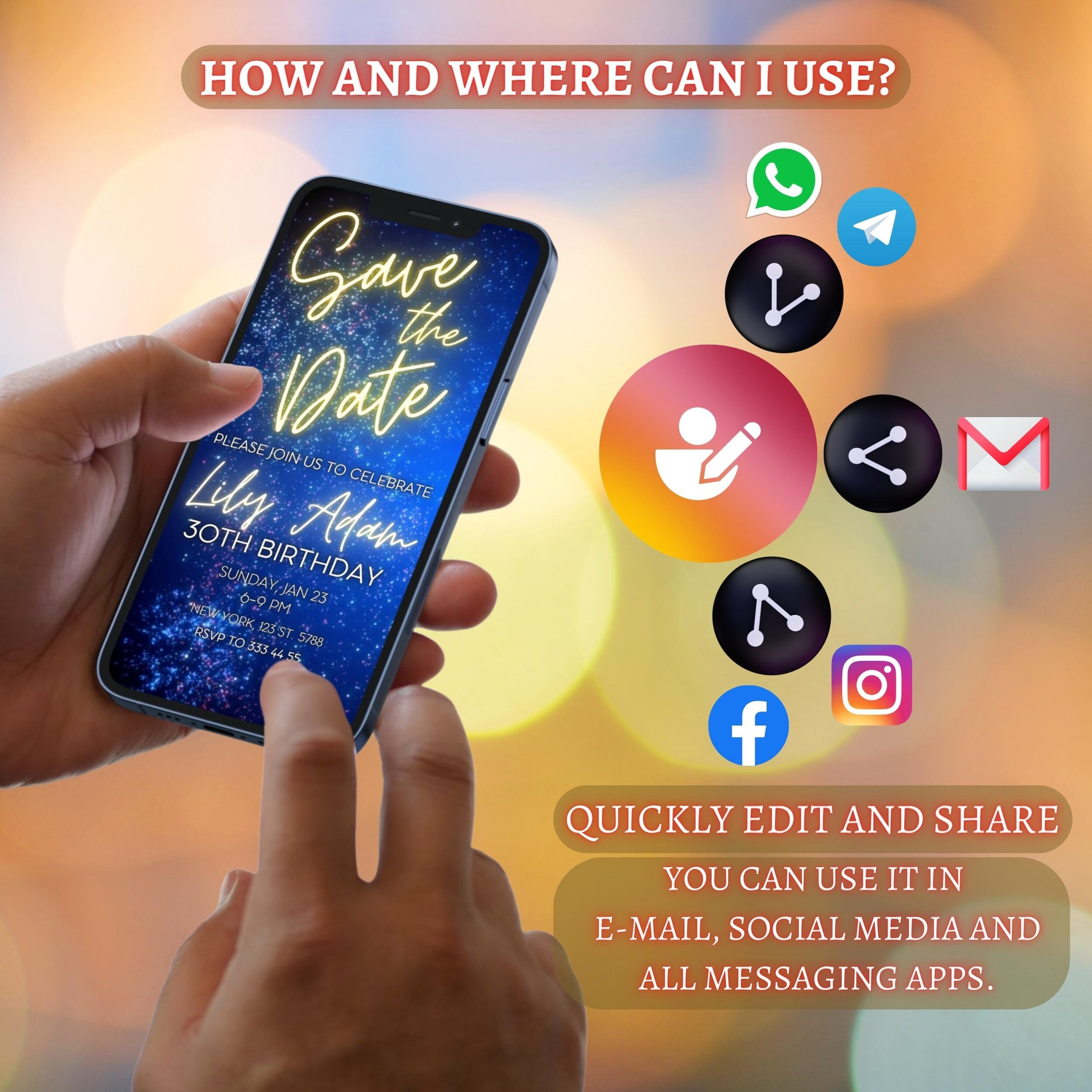 Glittery Blue Mobile Phone Invitation Editable & Shareable - Etsy