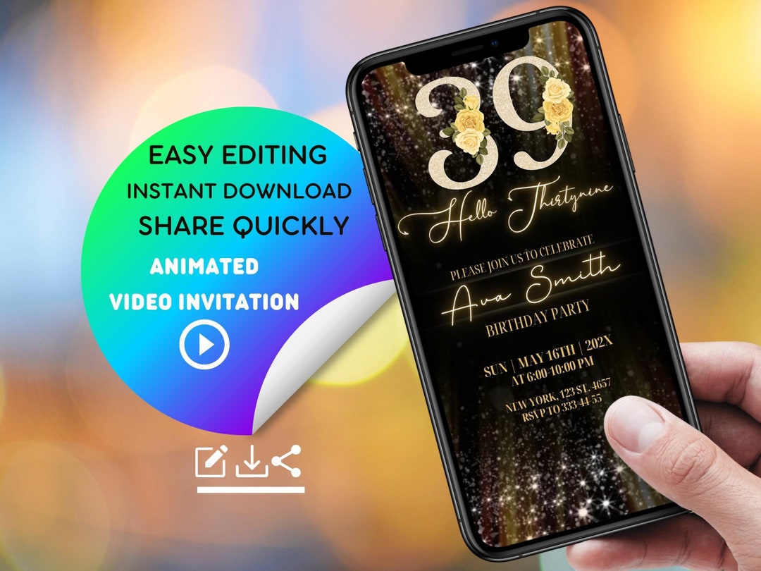 39th Birthday Invitation Glitter Floral Template for Digital, Mobile ...