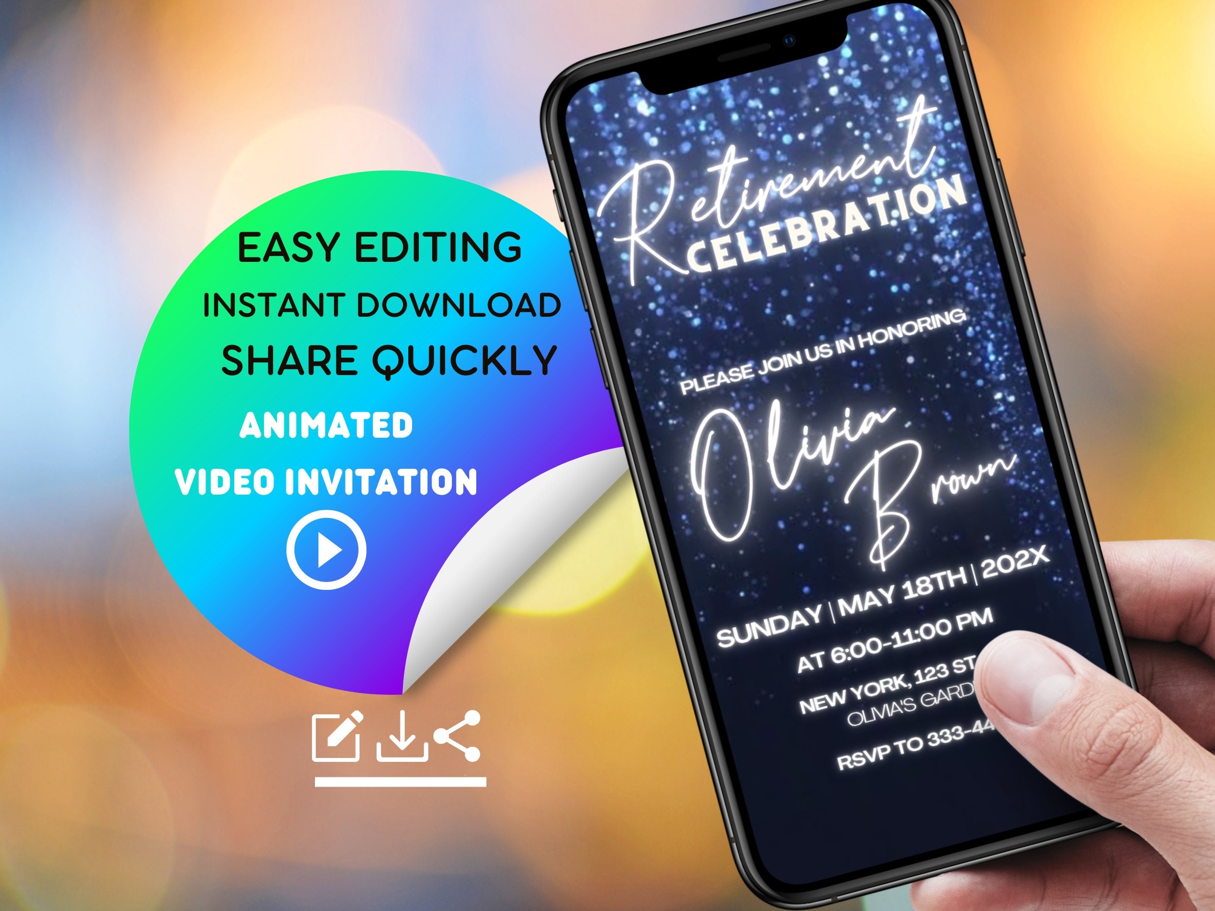 Glittering Blue Retirement Party Digital Invitation Editable and ...