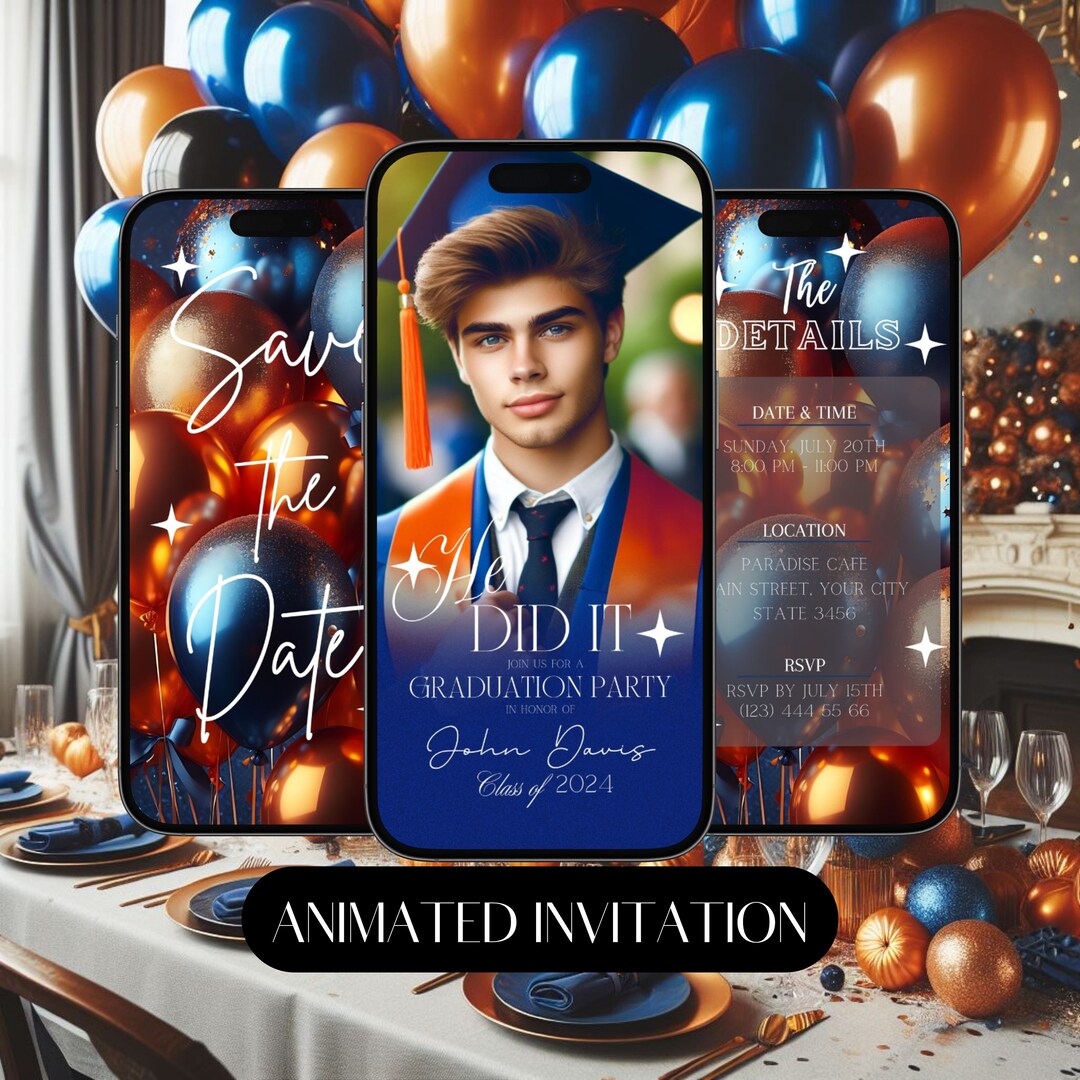 Royal Blue and Orange Digital Graduation Invitation | Class of 2025 Men ...