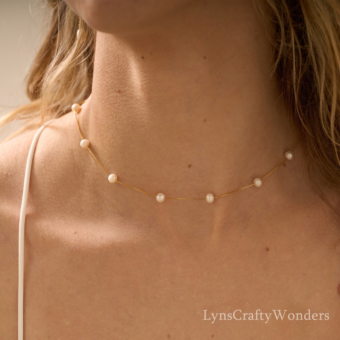 Minimalist Multiple Pearls Necklace Freshwater Pearl Choker Gold
