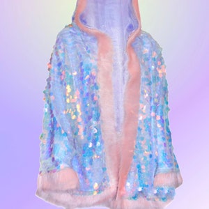 Pink Mermaid Sequin Jacket, Faux Fur Details, Festival Clothing Woman ...