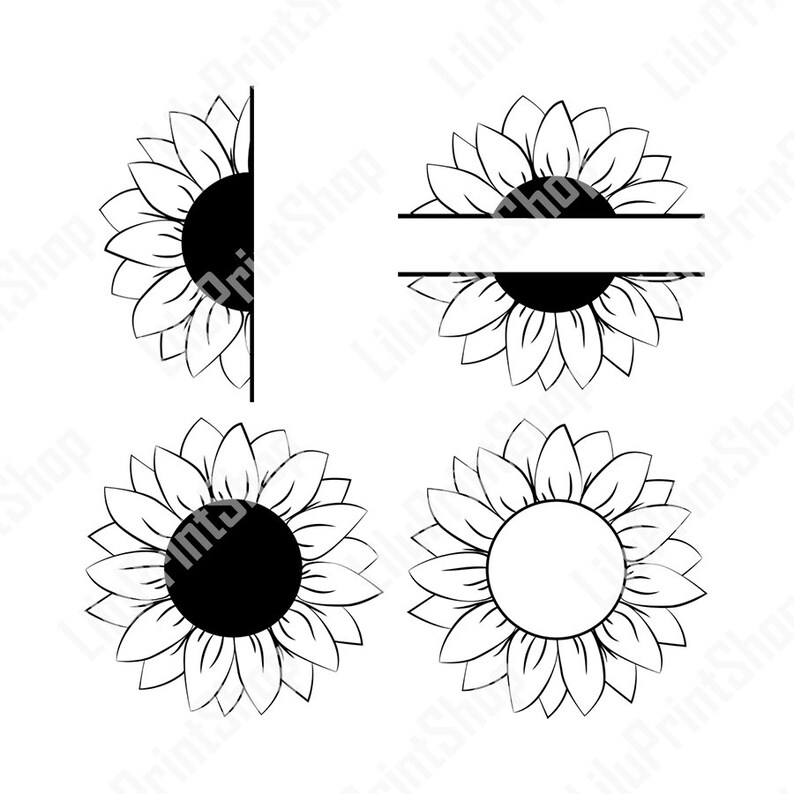 Half Sunflower Svg Split Sunflower Svg Cut File Sunflower Monogram Svg ...