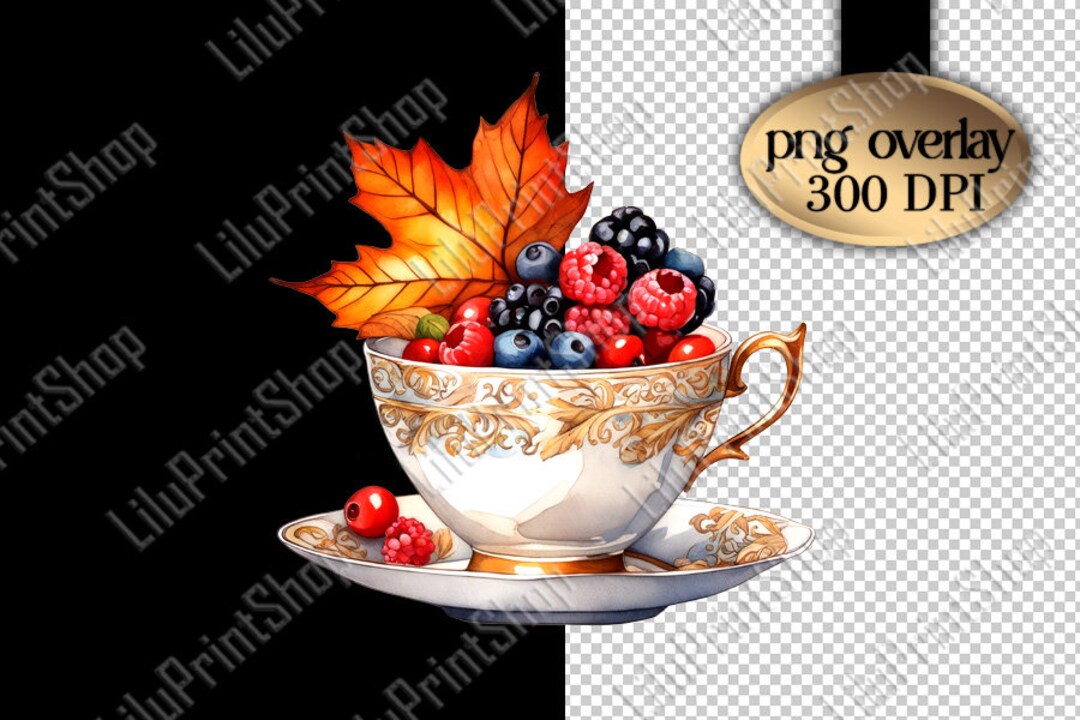 Cup With Leves and Berries Overlay Png Watercolor Autumn Clipart for ...