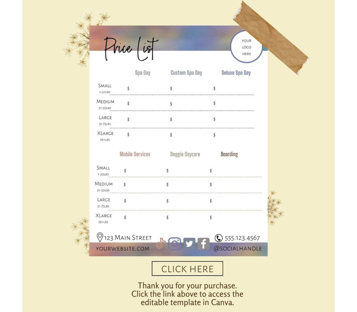 Canva Template Price List Printable Price Sheet Editable - Etsy