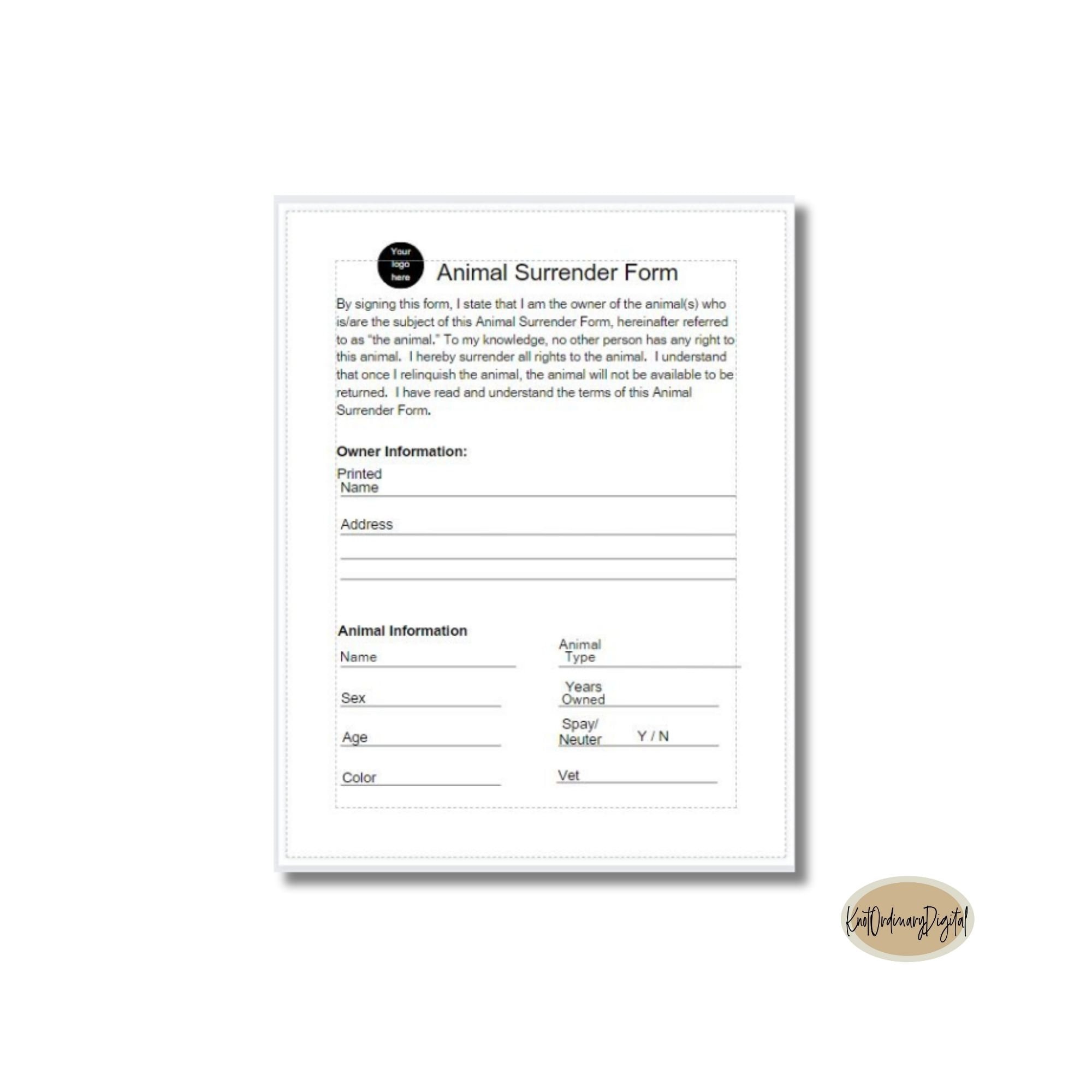Animal Surrender Form | Fully Customizable Canva Template | Digital ...