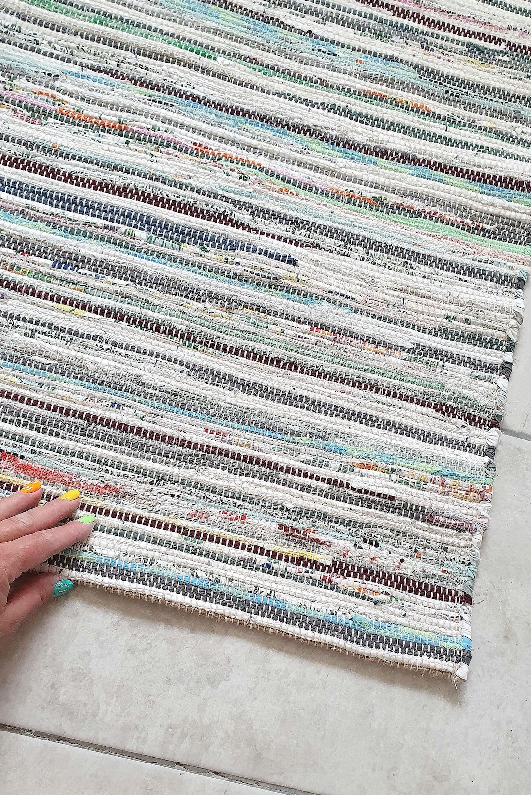 Handwoven Chindi Cotton Rug, Multicolor Striped Boho Mat, Chindi Rag ...