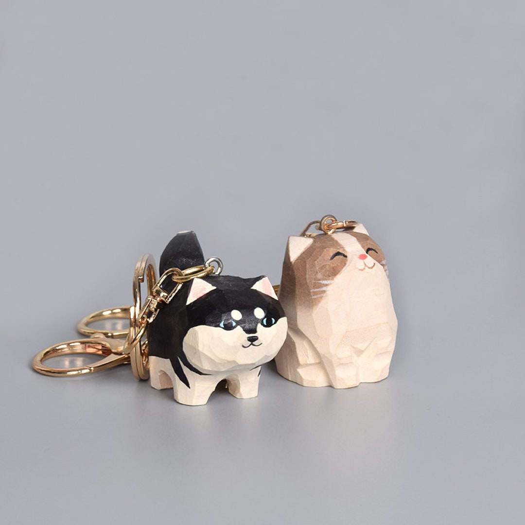 Wood Carving Keychains Cute Cat Pendant Key Chain Japanese Kawaii Solid ...