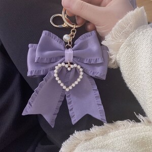 Beautiful Gentle Purple Bow Pearl Keychain Charm Heart-shaped Key Chain ...