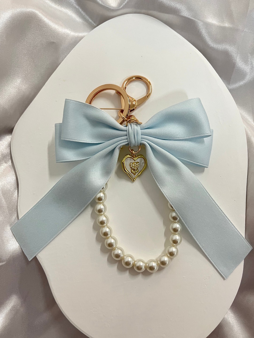 Beautiful Gentle Blue Bow Pearl Keychain Charm Heart-shaped Key Chain ...
