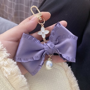 Beautiful Gentle Purple Bow Pearl Keychain Charm Heart-shaped Key Chain ...