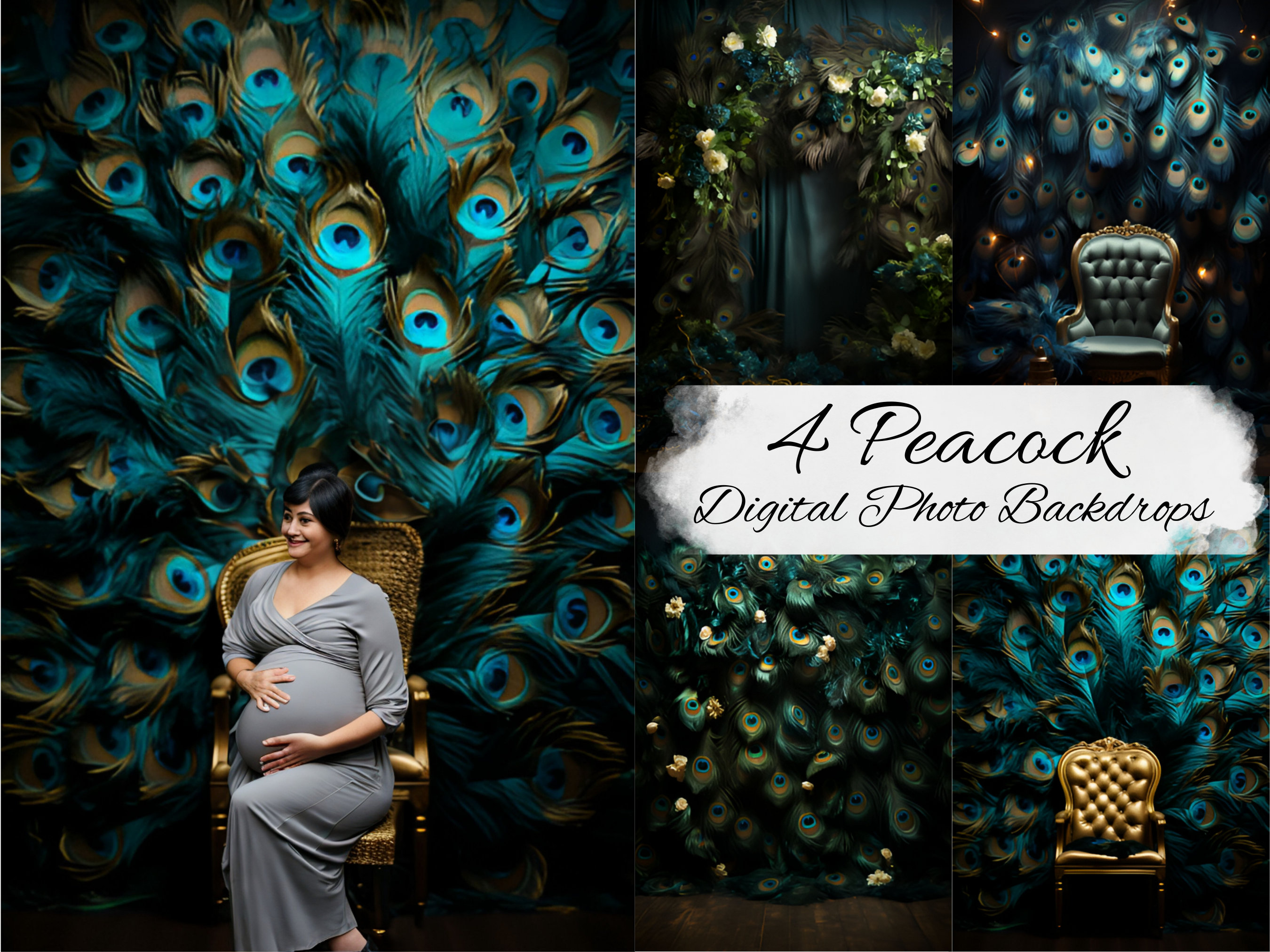 4 Fine Art Peacock Feathers Digital Backdrops, Maternity Backdrop ...