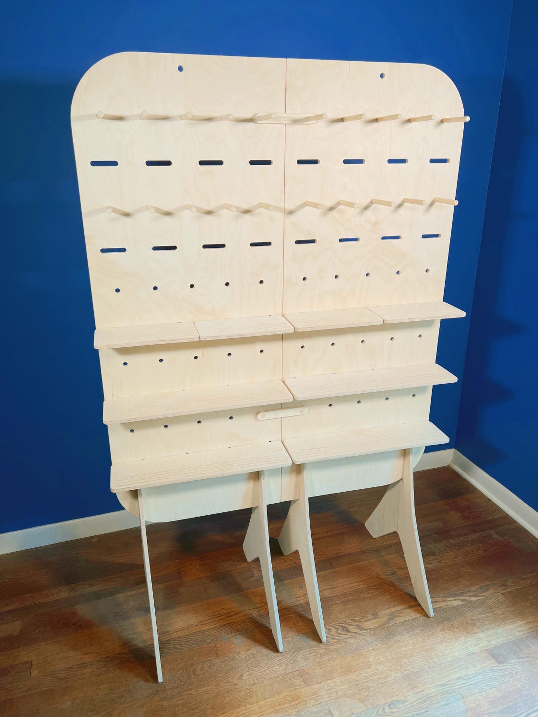 Side-by-side Floor Display – Modular Wood Pegboard Rack With Shelves ...