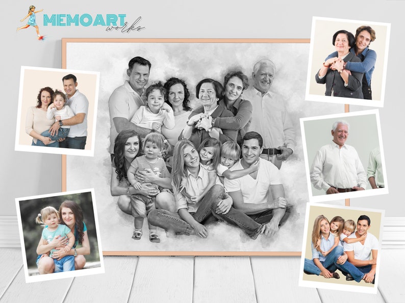 Digital Custom Family Portrait Drawing From Photo, Add Deceased Loved ...