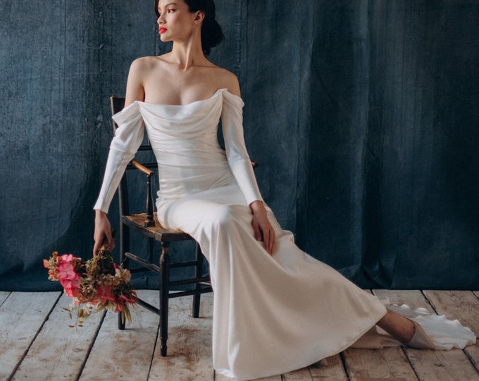 Wedding Dress Long Sleeve, Silk Bridal Dress. Off-the-shoulder Silk ...