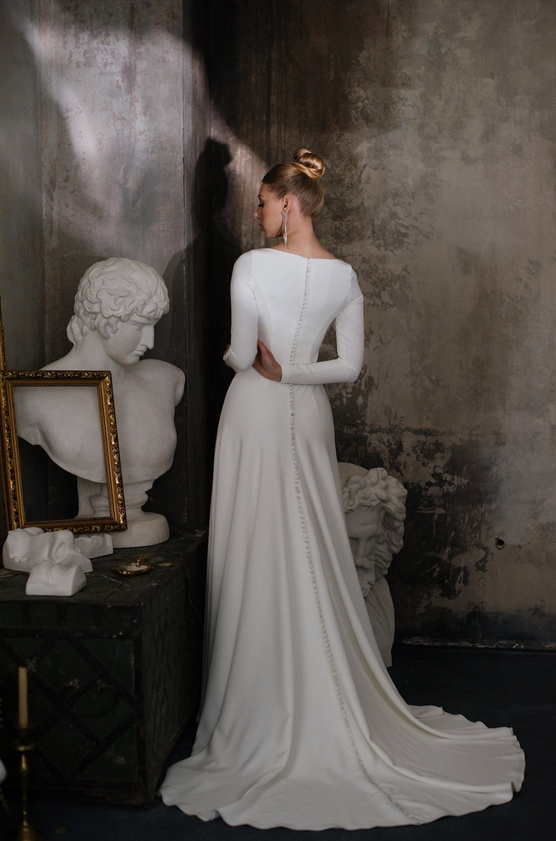 Crepe Wedding Dress With Long Sleeves and High Back Simple - Etsy