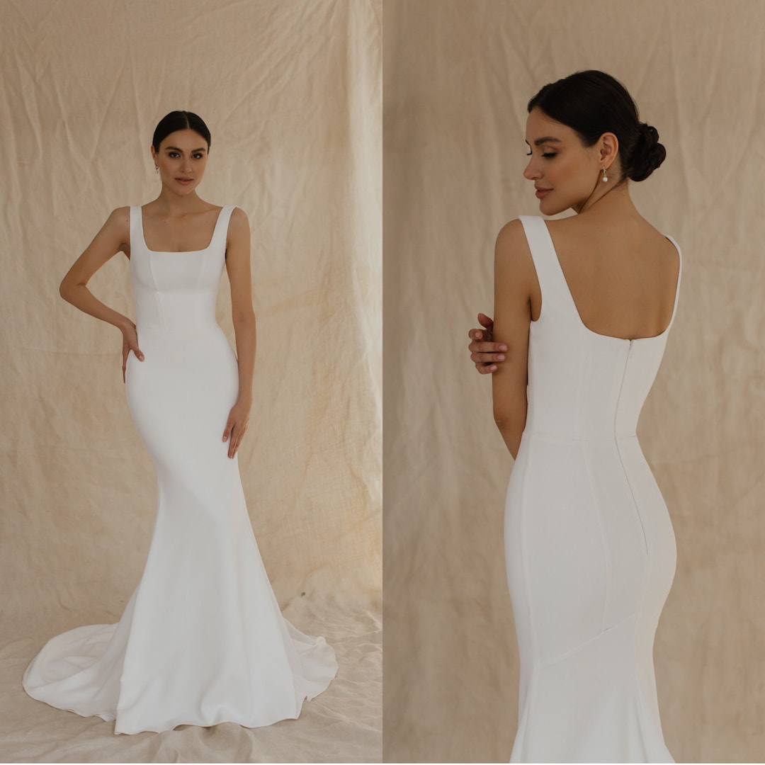 Square Neck Crepe Wedding Dress READY TO SHIP Crepe Mermaid Elopement ...