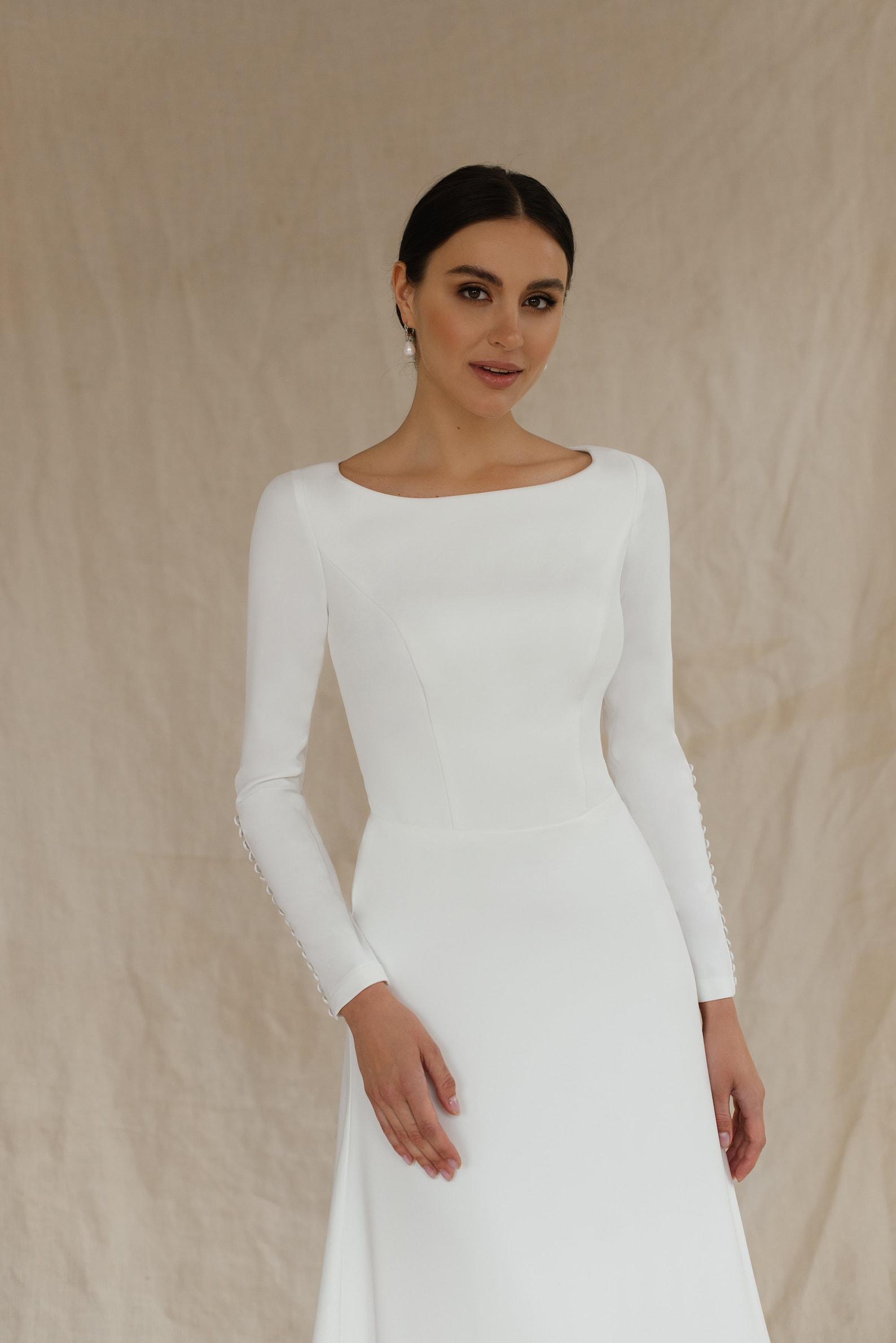 Crepe Wedding Dress With Long Sleeves and High Back Simple - Etsy