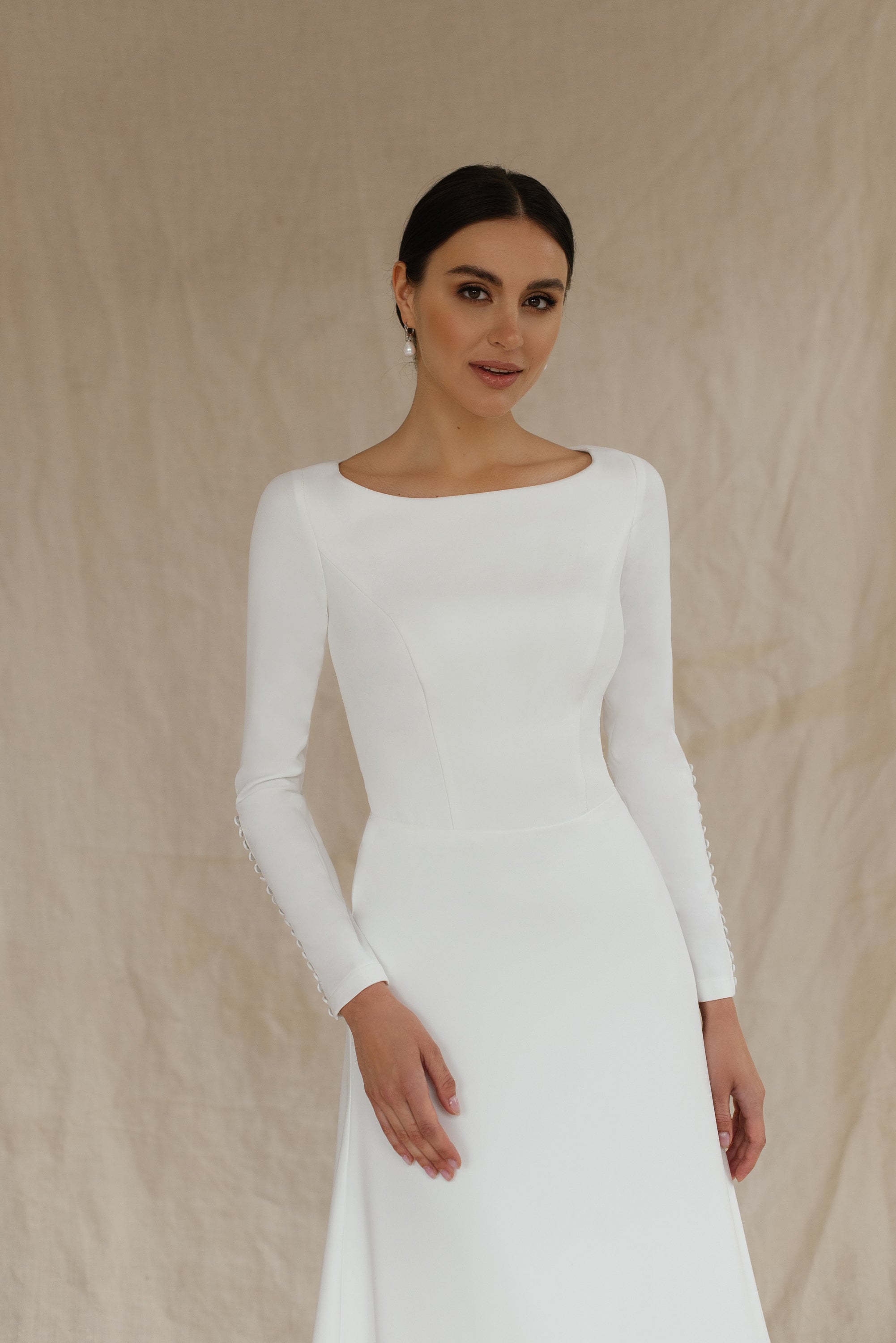 Crepe Wedding Dress With Long Sleeves and High Back Simple - Etsy Canada