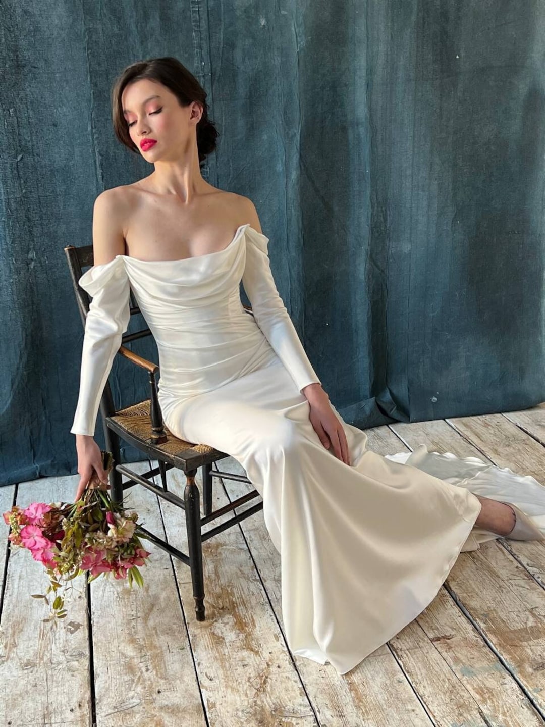 Wedding Dress Long Sleeve Silk Bridal Dress. Off-the-shoulder - Etsy