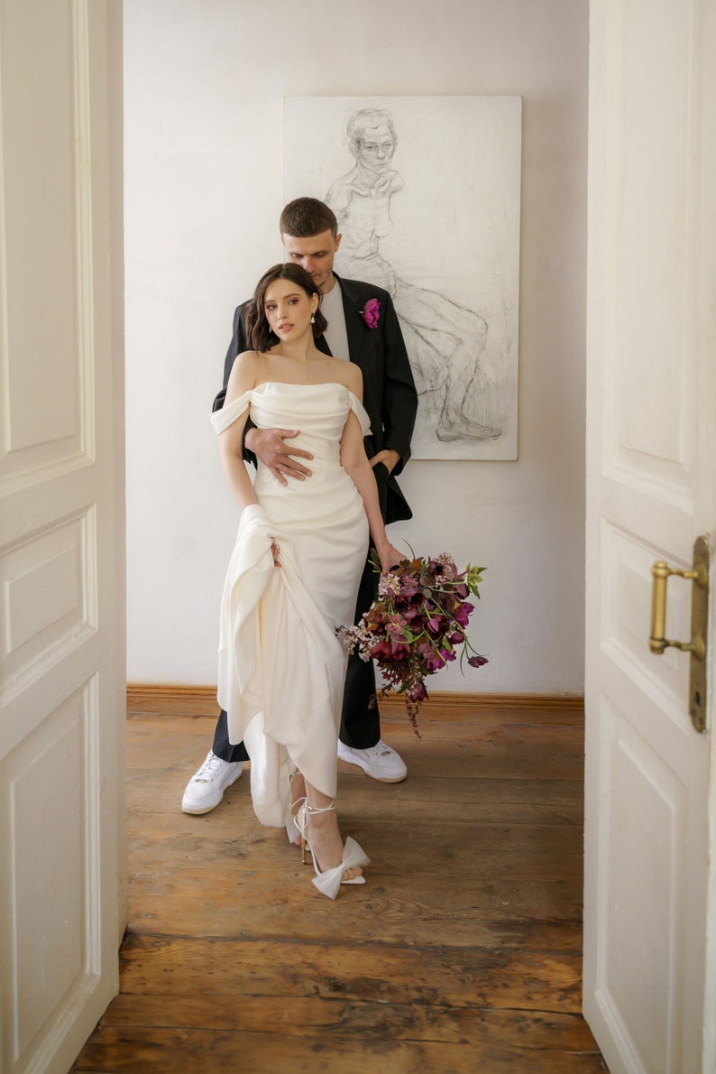 Draped Satin Corset Wedding Dress With Mermaid Silhouette Skirt in an ...