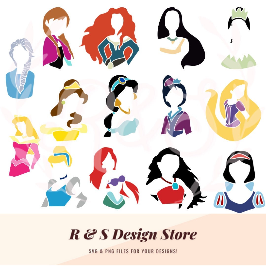 Princess Silhouettes Colour Faceless Outlines Mermaid Etsy