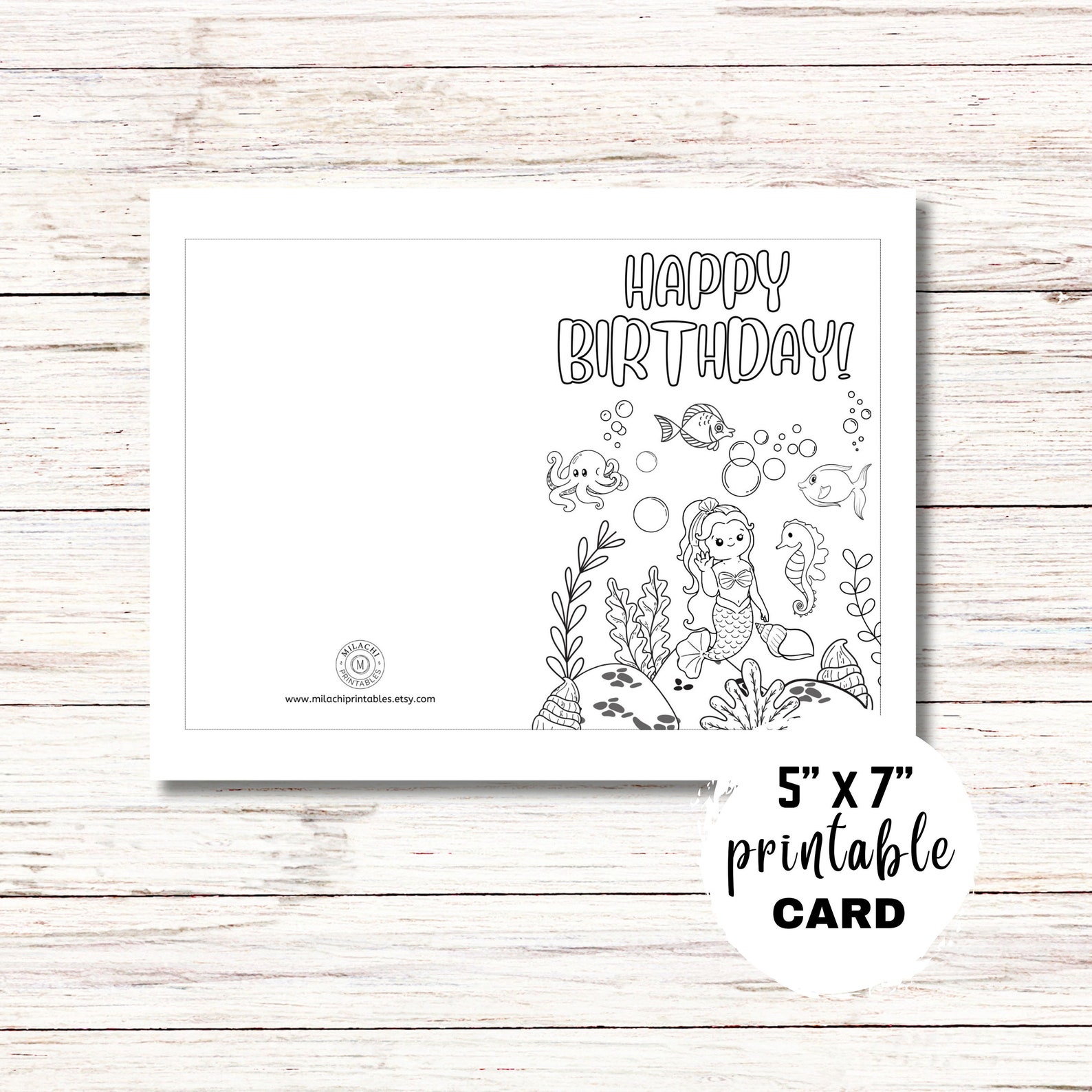 Printable Happy Birthday Coloring Card, Under the Sea, Mermaid Color ...
