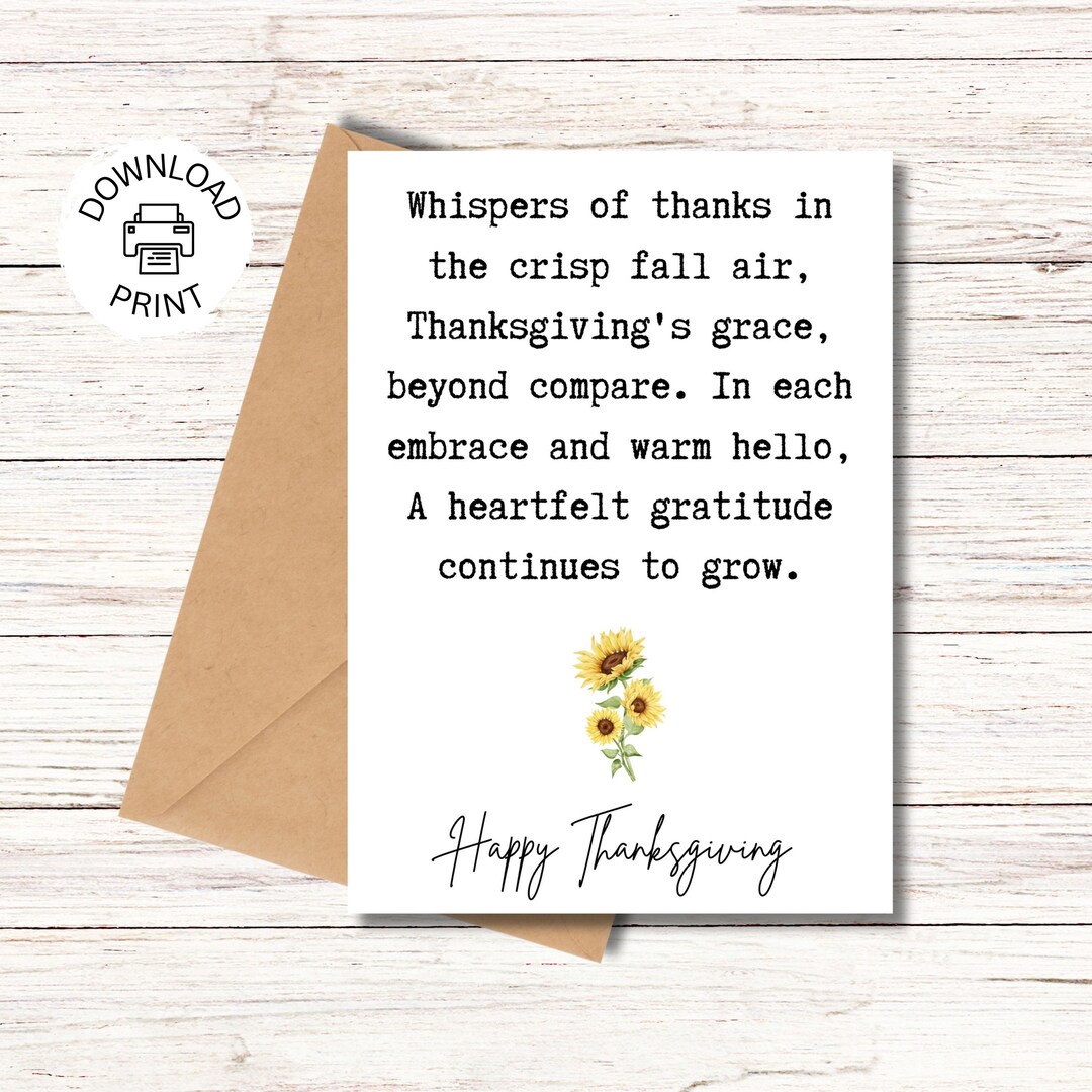 Printable Thanksgiving Card, Heartfelt Gratitude, Thanksgiving Poem ...