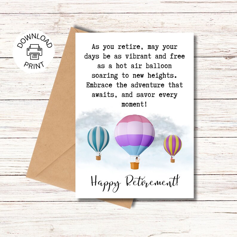 Printable Retirement Card, Into the Open Skies, Hot Air Balloon, Happy ...