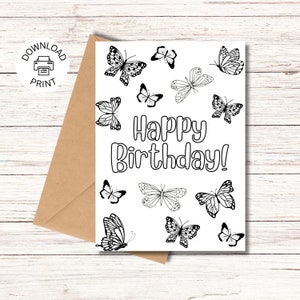 Printable Happy Birthday Coloring Card | Butterfly Card | Color Your ...