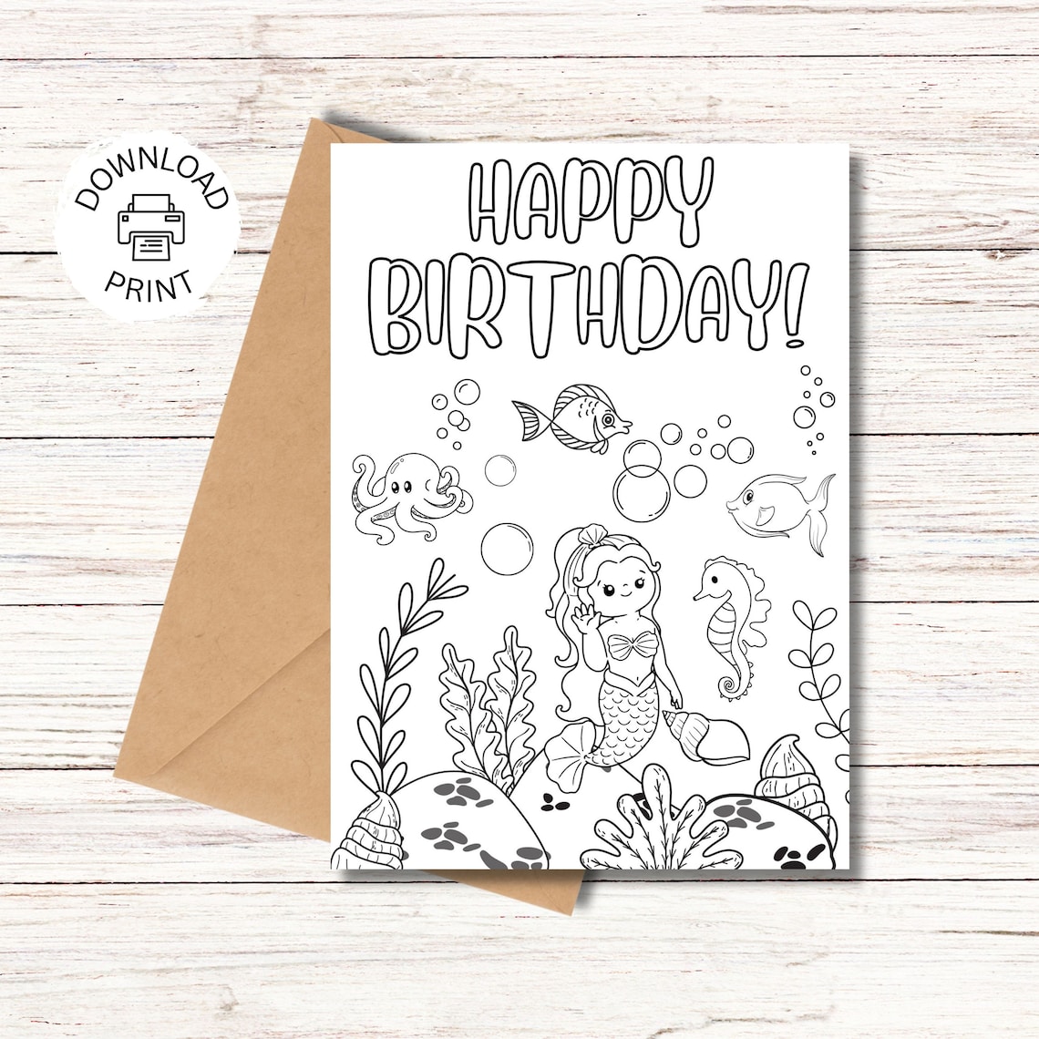 Printable Happy Birthday Coloring Card, Under the Sea, Mermaid Color ...