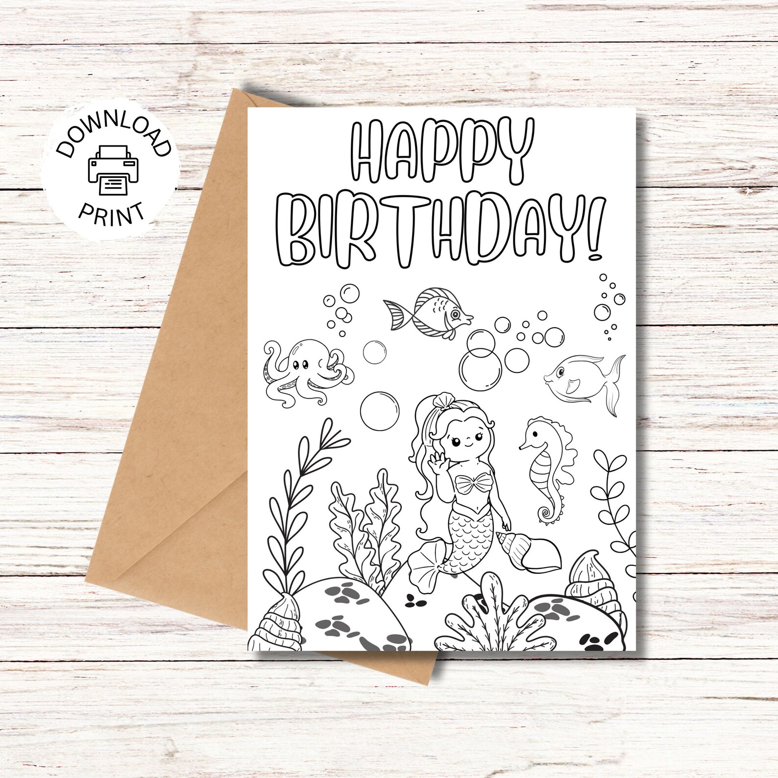 Printable Happy Birthday Coloring Card, Under the Sea, Mermaid Color ...