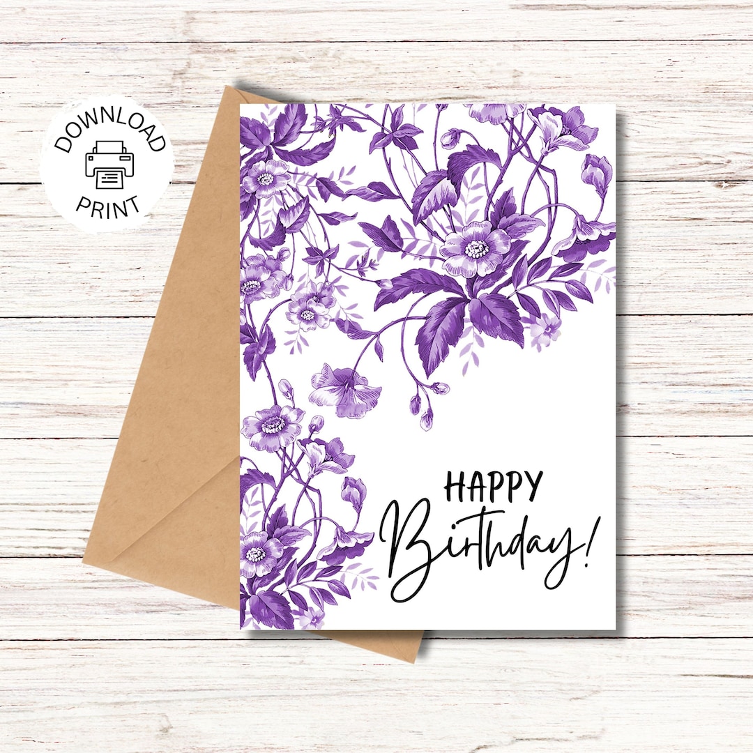 Happy Birthday Card | Printable Greeting Card | Purple Floral Birthday ...