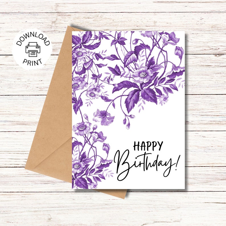 Happy Birthday Card | Printable Greeting Card | Purple Floral Birthday ...