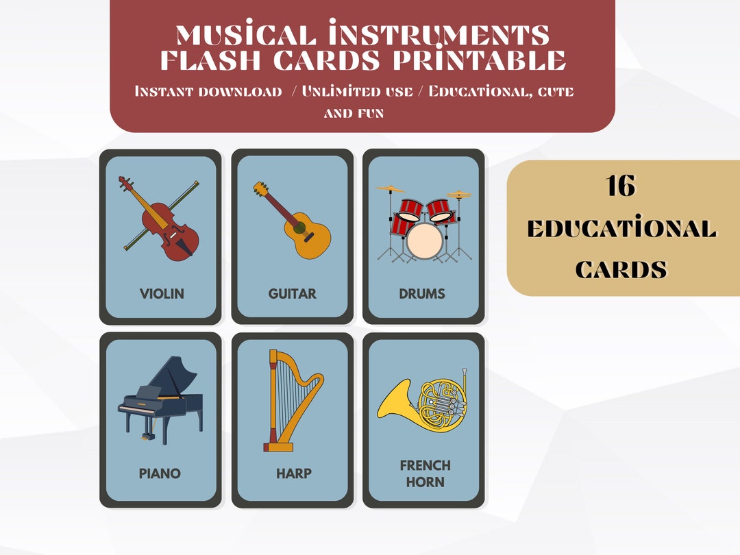 Music Instruments Children Flashcards Printable 16 Cards / - Etsy