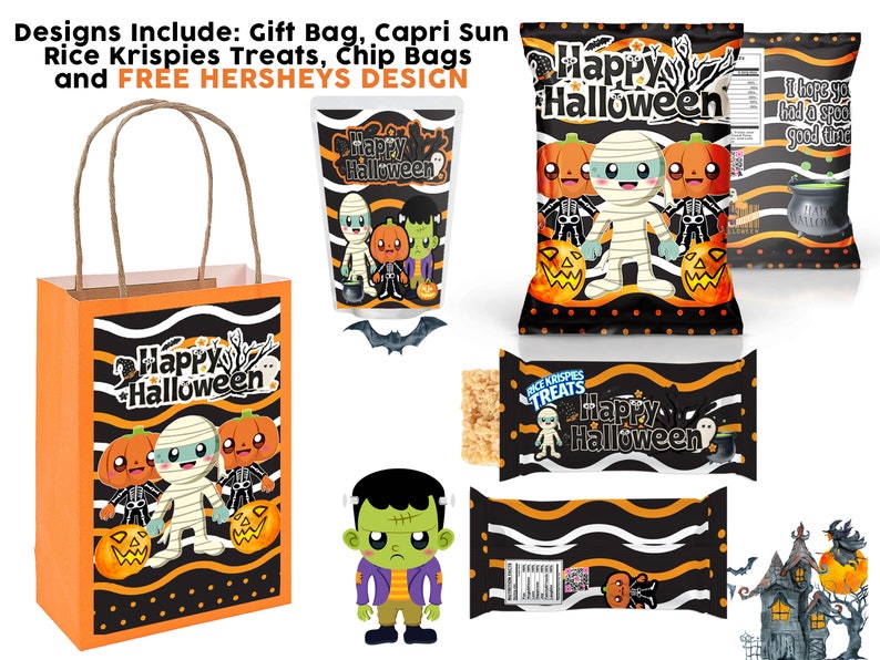 Halloween Party Bundle Gift Bags, Chip Bags, Capri Sun, Rice Krispie ...